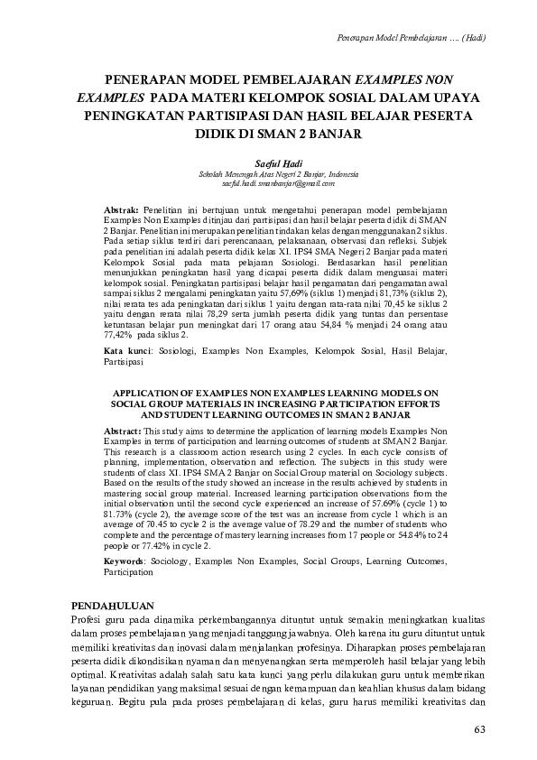 (PDF) Penerapan Model Pembelajaran Examples Non Examples Pada Materi Kelompok Sosial Dalam Upaya ...