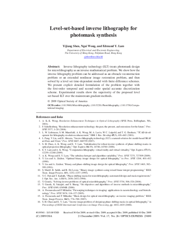 (PDF) Level-set-based inverse lithography for photomask synthesis