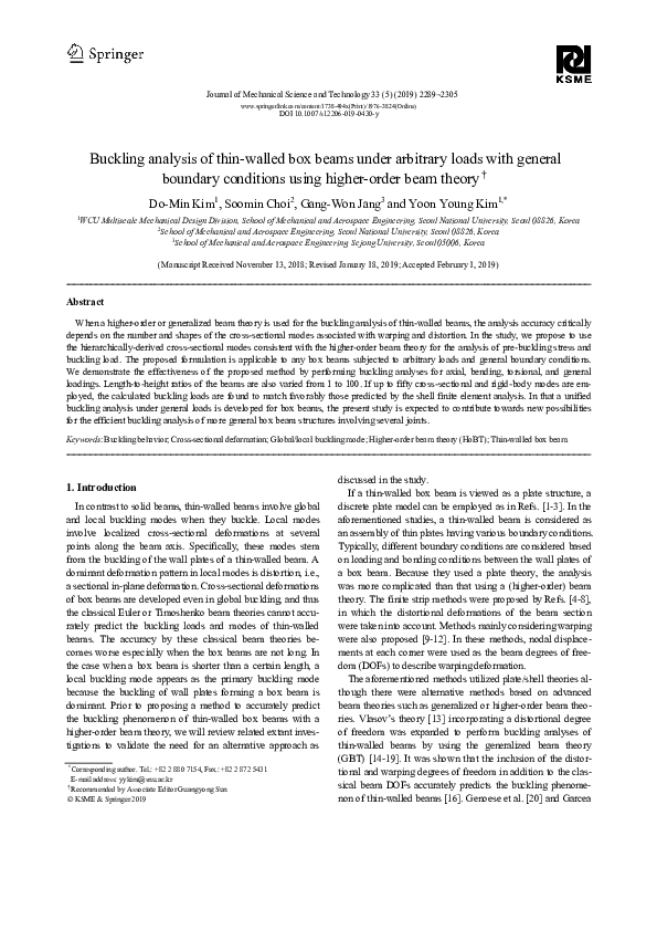 Pdf Buckling Analysis Of Thin Walled Box Beams Under Arbitrary Loads With General Boundary