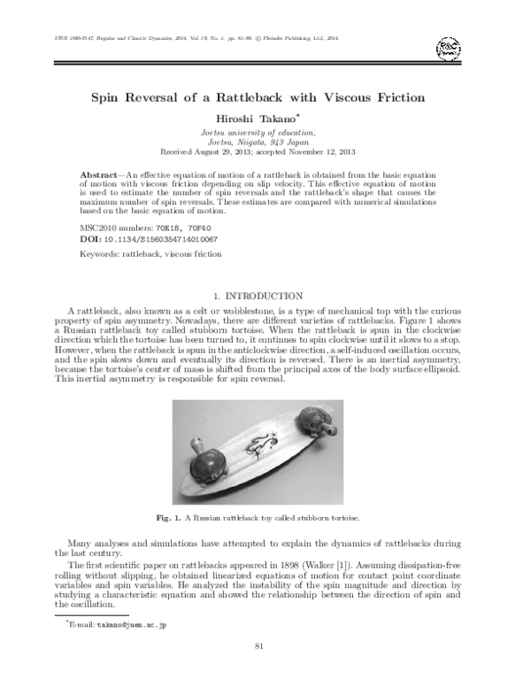 (PDF) Spin reversal of a rattleback with viscous friction
