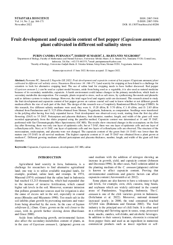 Pdf Fruit Development And Capsaicin Content Of Hot Pepper Capsicum Annuum Plant Cultivated