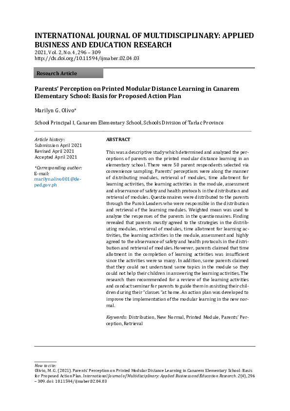 (PDF) Parents’ Perception on Printed Modular Distance Learning in ...