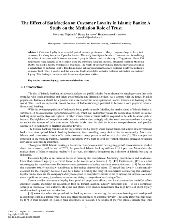 (PDF) The Effect of Satisfaction on Customer Loyalty in Islamic Banks: A Study on the Mediation ...