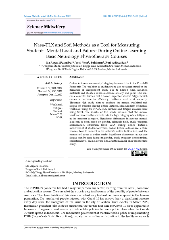 (PDF) Nasa-TLX and Sofi Methods as a Tool for Measuring Students ...