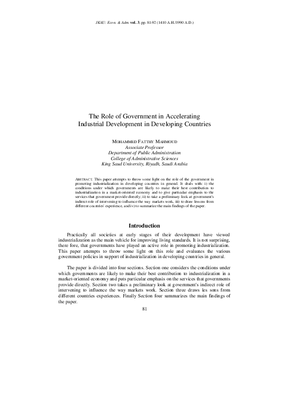 (PDF) The Role of Government in Accelerating Industrial Development in Developing Countries
