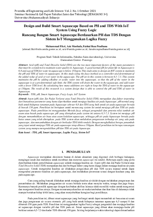 (PDF) Design and Build Smart Aquascape Based on PH and TDS With IoT System Using Fuzzy Logic