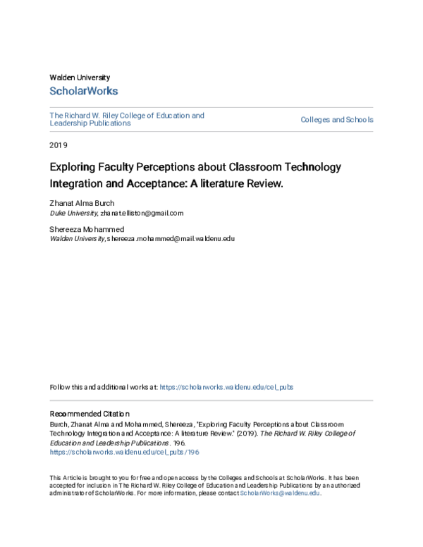 (PDF) Exploring Faculty Perceptions about Classroom Technology Integration and Acceptance: A ...