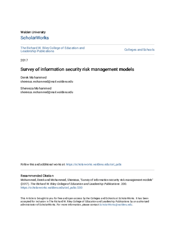 (PDF) Survey of information security risk management models | Shereeza ...