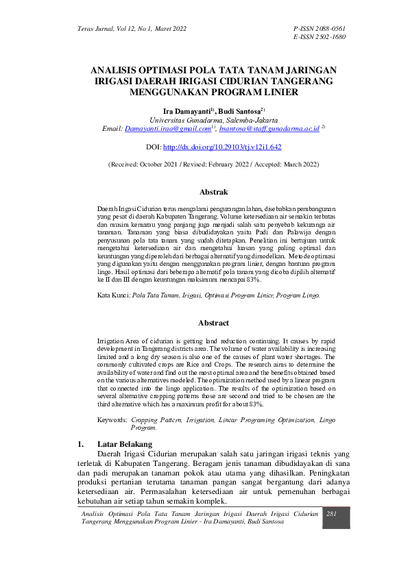 (PDF) Analisis Optimasi Pola Tata Tanam Jaringan Irigasi Daerah Irigasi Cidurian Tangerang ...
