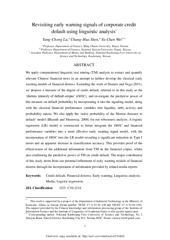 (PDF) Revisiting early warning signals of corporate credit default using linguistic analysis