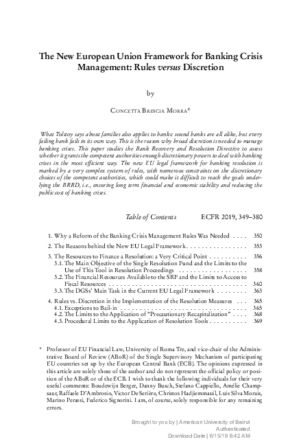 (PDF) The New European Union Framework for Banking Crisis Management ...