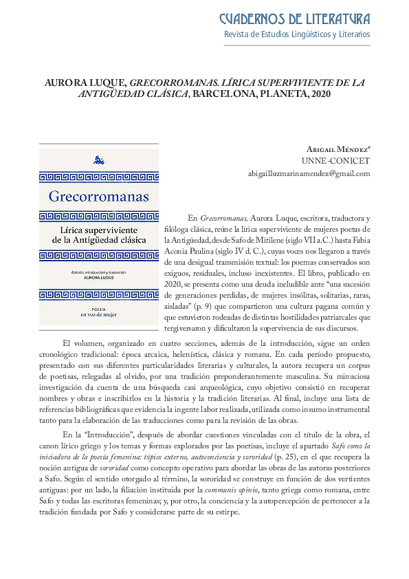(PDF) Aurora Luque, Grecorromanas. Lírica Superviviente De La Antigüedad Clásica, Barcelona ...