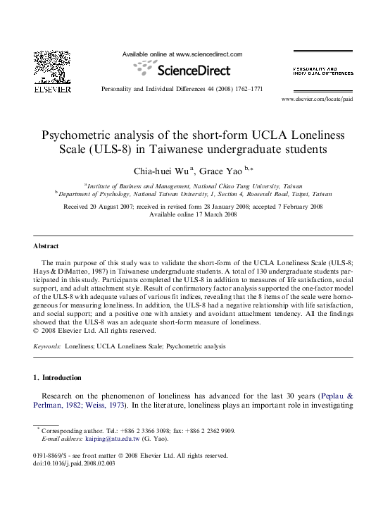 (PDF) Psychometric analysis of the short-form UCLA Loneliness Scale (ULS-8) in Taiwanese ...
