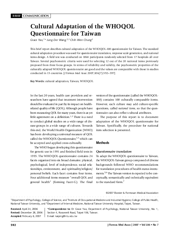 (PDF) Cultural Adaptation of the WHOQOL Questionnaire for Taiwan