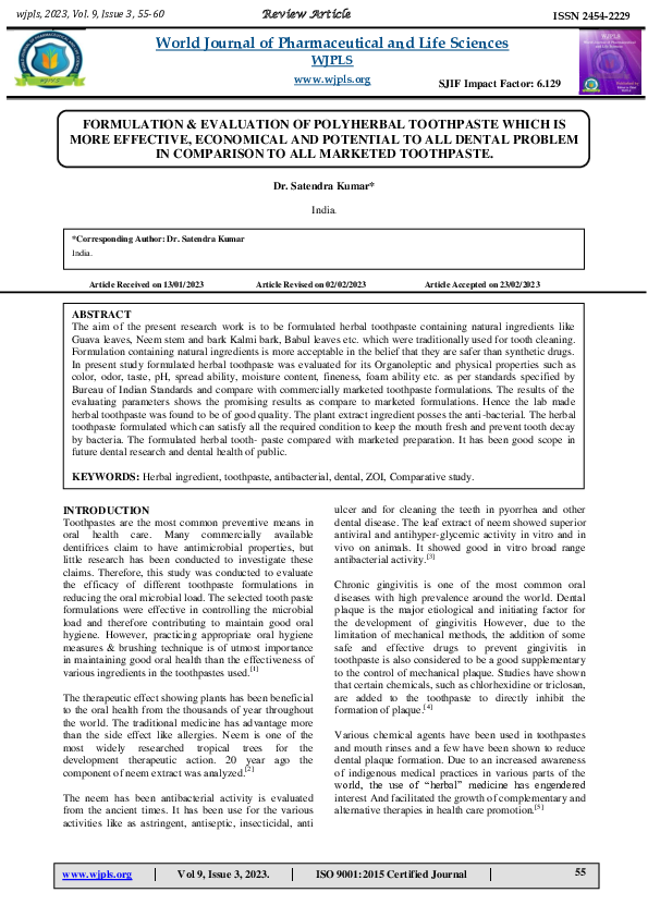 (PDF) FORMULATION & EVALUATION OF POLYHERBAL TOOTHPASTE WHICH IS MORE ...