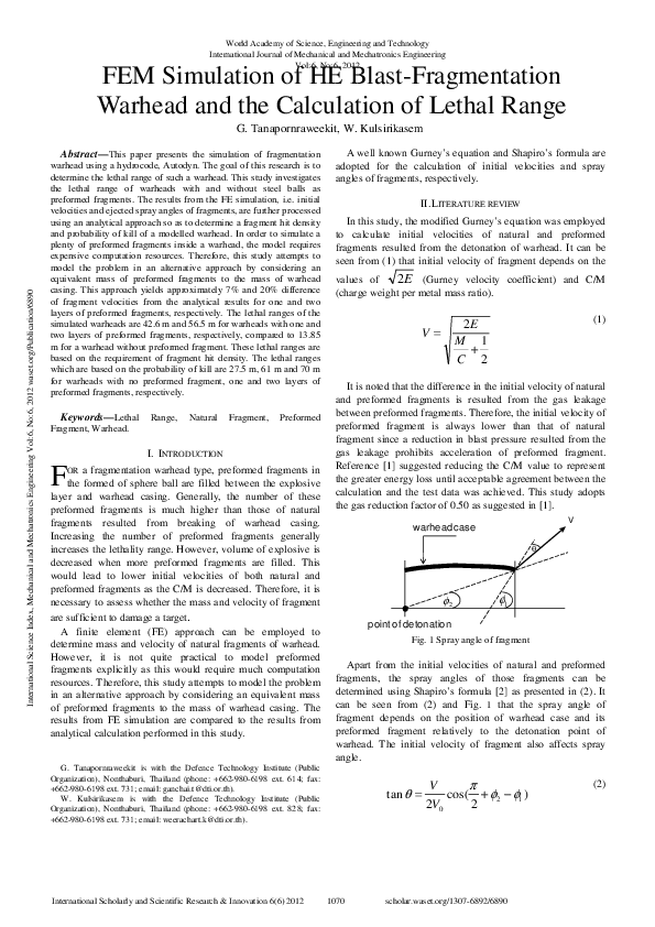 (PDF) Fem Simulation Of He Blast-Fragmentation Warhead And The ...