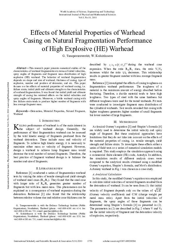 (PDF) Effects Of Material Properties Of Warhead Casing On Natural ...