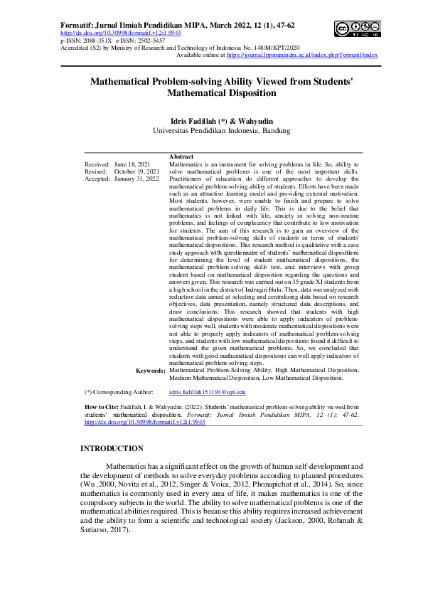 (PDF) Mathematical Problem Solving Ability Viewed from Students' Mathematical Disposition