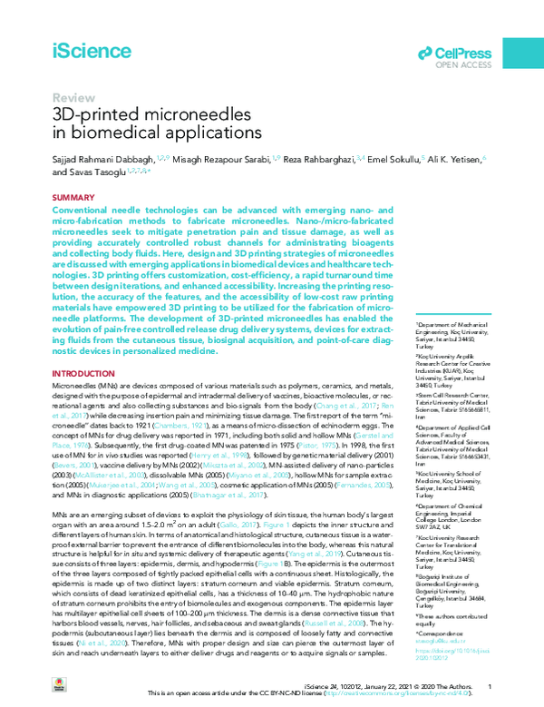 (PDF) 3D-printed microneedles in biomedical applications