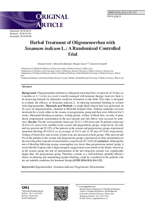 (PDF) Herbal Treatment of Oligomenorrhea with Sesamum indicum L.: A ...