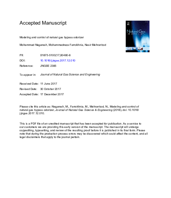 (PDF) Modeling and control of natural gas bypass odorizer
