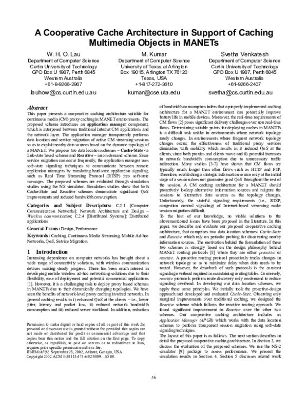 (PDF) A cooperative cache architecture in support of caching multimedia objects in MANETs