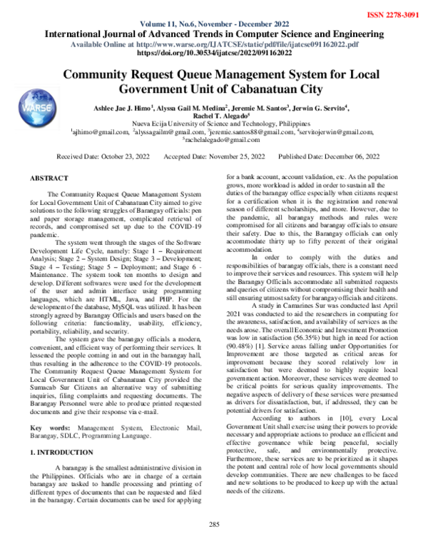 (PDF) Community Request Queue Management System for Local Government Unit of Cabanatuan City