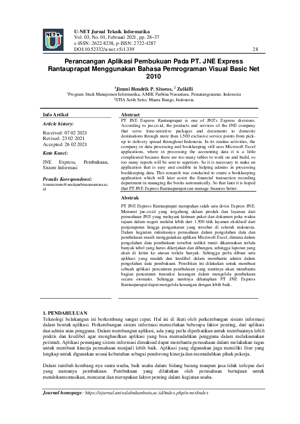 (PDF) Perancangan Aplikasi Pembukuan Pada PT. JNE Express Rantauprapat Menggunakan Bahasa ...