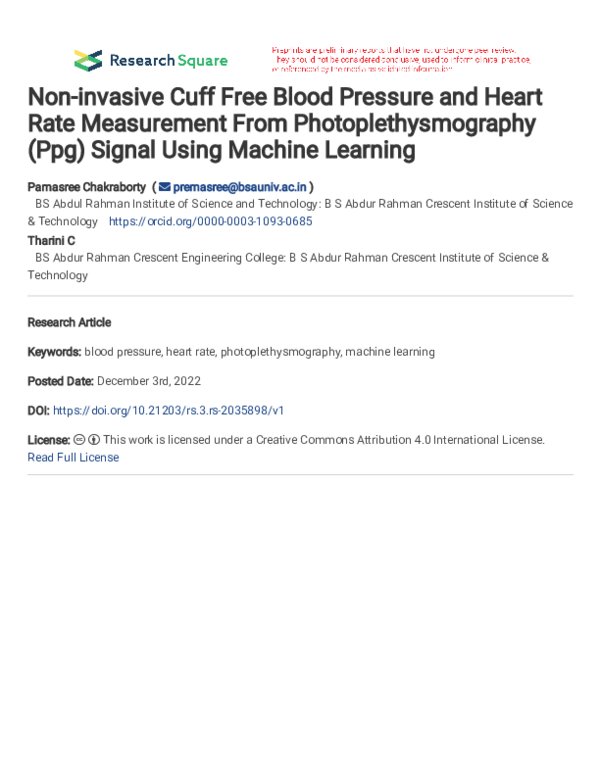 (PDF) Non-invasive Cuff Free Blood Pressure and Heart Rate Measurement From Photoplethysmography ...