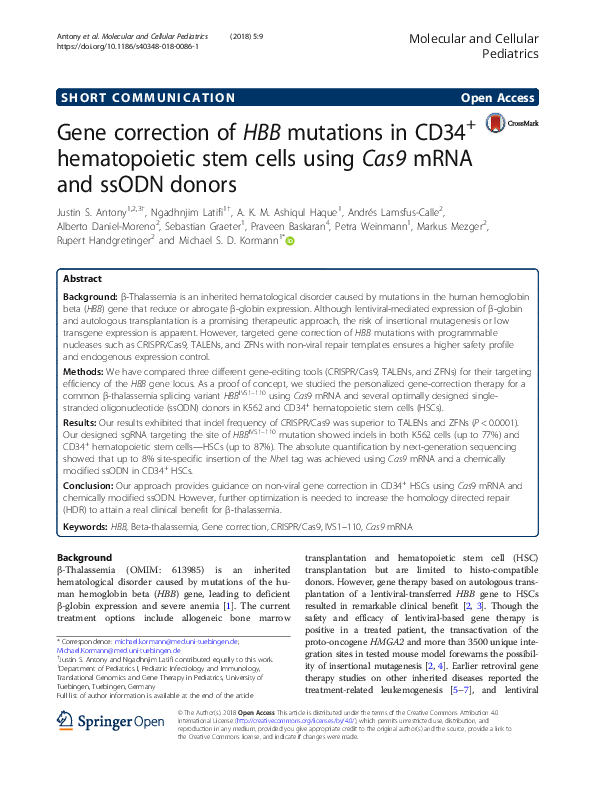 (PDF) Gene correction of HBB mutations in CD34+ hematopoietic stem ...