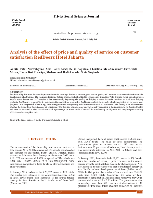 Pdf Analysis Of The Effect Of Price And Quality Of Service On Customer Satisfaction Reddoorz