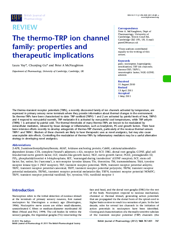 (PDF) The thermo-TRP ion channel family: properties and therapeutic ...