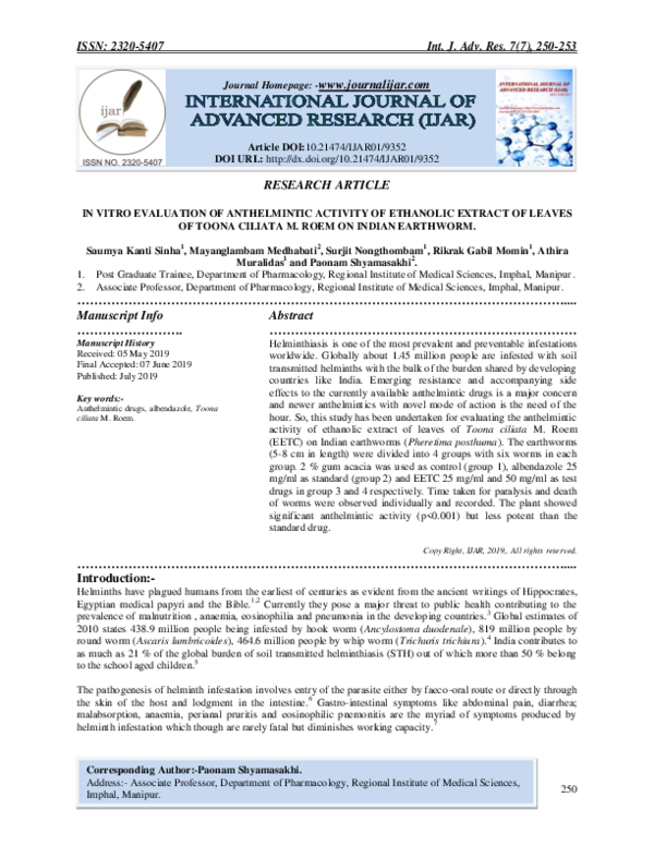 (PDF) In Vitro Evaluation of Anthelmintic Activity of Ethanolic Extract ...