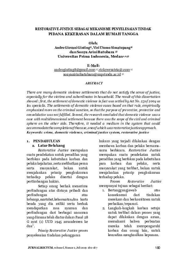 (PDF) Restorative Justice Sebagai Mekanisme Penyelesaian Tindak Pidana Kekerasan Dalam Rumah ...