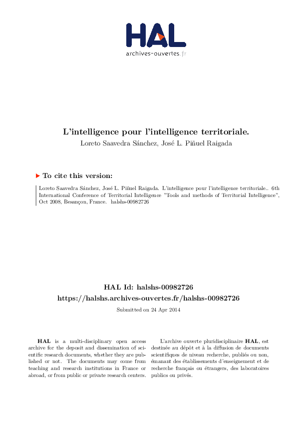 (PDF) L'Intelligence Pour L'Intelligence Territoriale