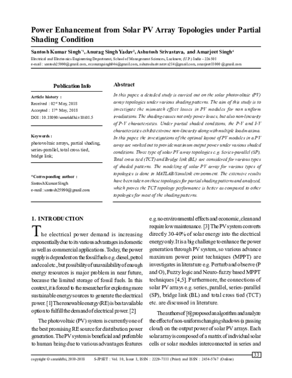 Pdf Power Enhancement From Solar Pv Array Topologies Under Partial Shading Condition