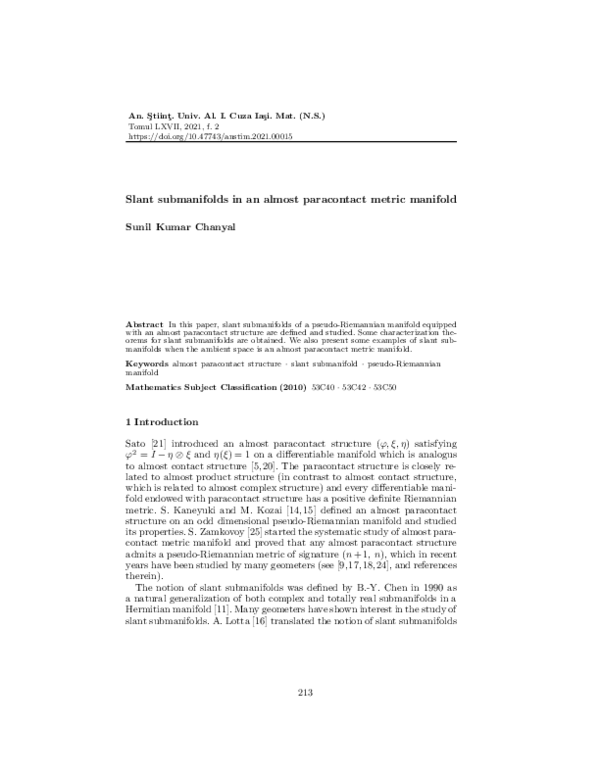 (PDF) Slant submanifolds in an almost paracontact metric manifold