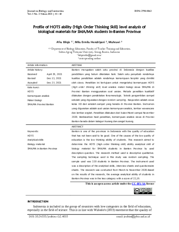 (PDF) HOTS Ability Analysis in Banten Biology Students