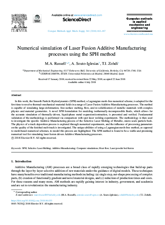 Pdf Numerical Simulation Of Laser Fusion Additive Manufacturing Processes Using The Sph Method