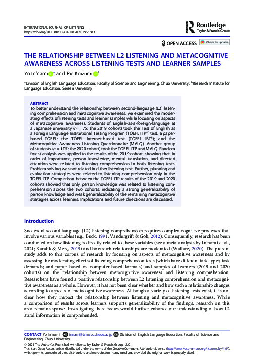 Pdf The Relationship Between L2 Listening And Metacognitive Awareness