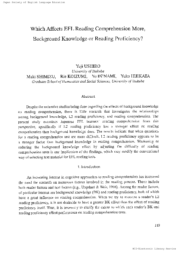 (PDF) Which affects EFL reading comprehension more, background ...