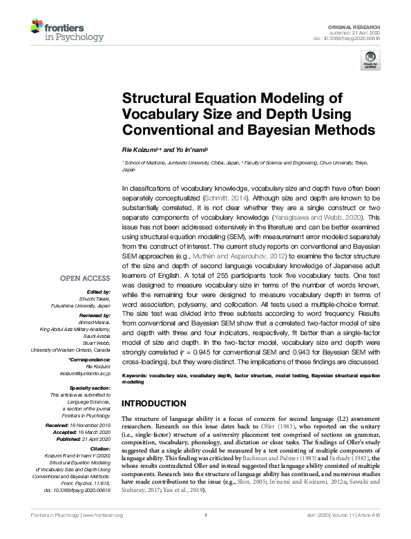 (PDF) Structural Equation Modeling of Vocabulary Size and Depth Using Conventional and Bayesian ...
