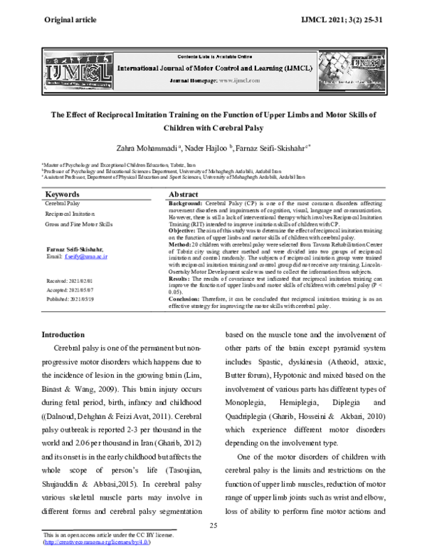 (PDF) Reciprocal Imitation Training in Cerebral Palsy