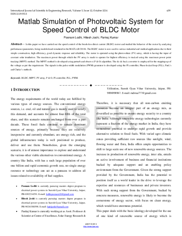 (PDF) Matlab Simulation of Photovoltaic System for Speed Control of BLDC Motor | poonam lodhi ...