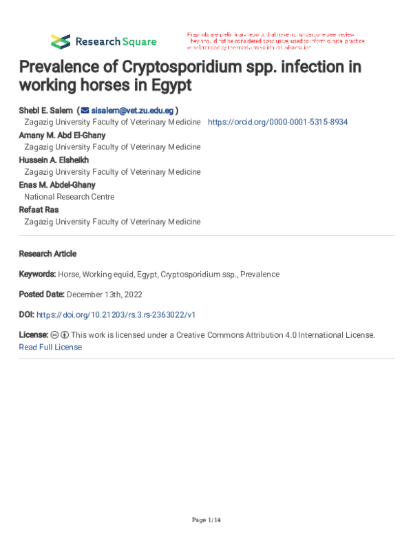 (PDF) Prevalence of Cryptosporidium spp. infection in working horses in Egypt