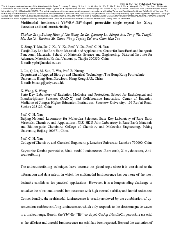 (PDF) Multimodal Luminescent Yb 3+ /Er 3+ /Bi 3+ ‐Doped Perovskite Single Crystals for X‐ray ...