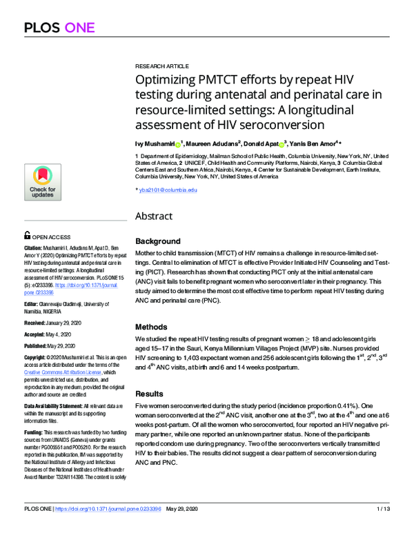 (PDF) Optimizing PMTCT efforts by repeat HIV testing during antenatal ...