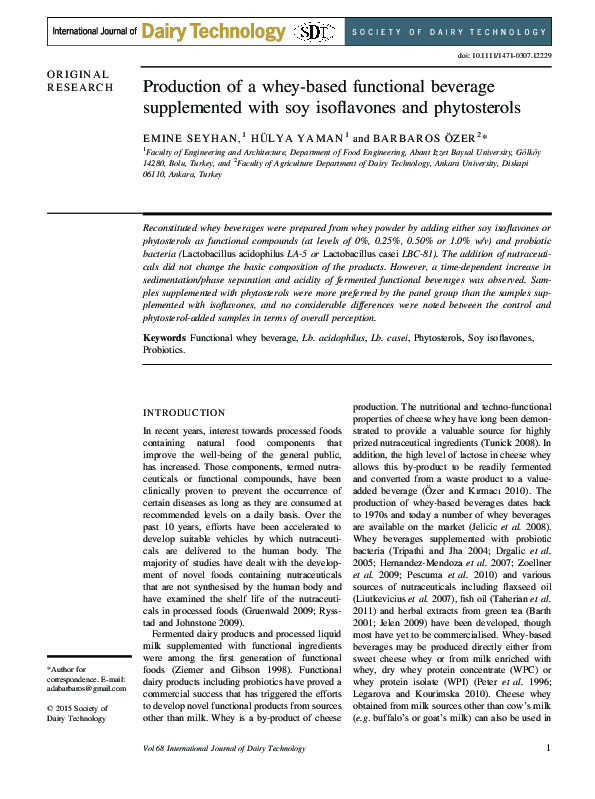 (PDF) Production of a whey-based functional beverage supplemented with ...