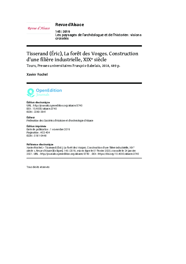 (PDF) Tisserand (Éric), La forêt des Vosges. Construction d’une filière ...
