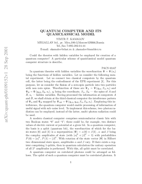 (PDF) Quantum computer and its quasiclassical model